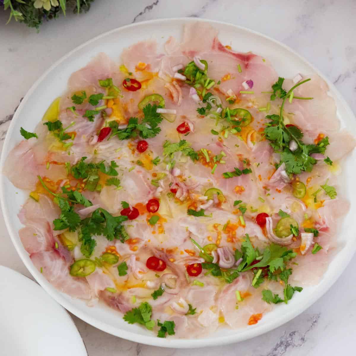 Double Tomato Carpaccio of Tequila Marinated Fish – Sids Sauce